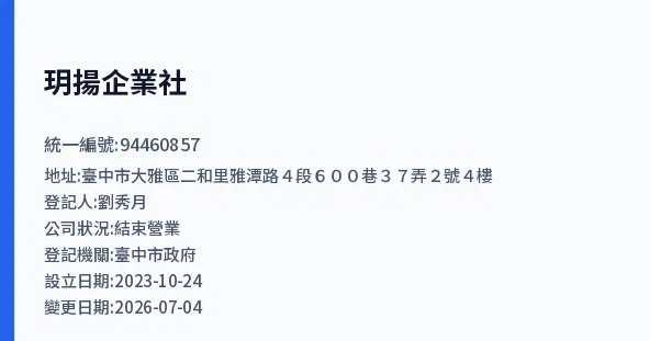 玥揚企業社的照片-統編 94460857(臺中市) 公司登記資料與營業項目詳細圖表