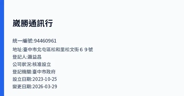 崴勝通訊行的照片-統編 94460961(臺中市) 公司登記資料與營業項目詳細圖表