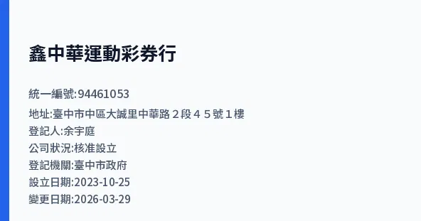 鑫中華運動彩券行的照片-統編 94461053(臺中市) 公司登記資料與營業項目詳細圖表