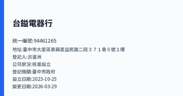台鎰電器行的照片-統編 94461265(臺中市) 公司登記資料與營業項目詳細圖表