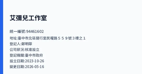 艾彌兒工作室的照片-統編 94461602(臺中市) 公司登記資料與營業項目詳細圖表