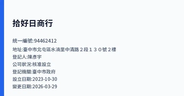 拾好日商行的照片-統編 94462412(臺中市) 公司登記資料與營業項目詳細圖表