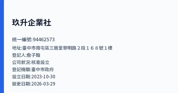 玖升企業社的照片-統編 94462573(臺中市) 公司登記資料與營業項目詳細圖表
