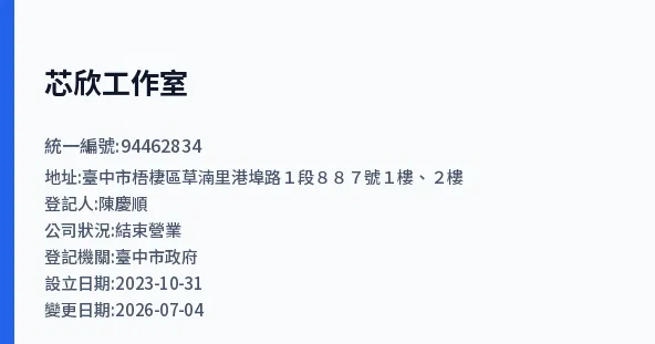 芯欣工作室的照片-統編 94462834(臺中市) 公司登記資料與營業項目詳細圖表