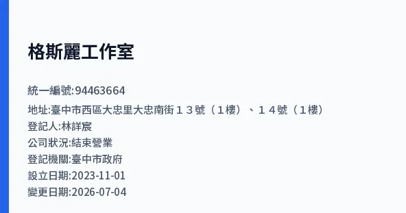 格斯麗工作室的照片-統編 94463664(臺中市) 公司登記資料與營業項目詳細圖表