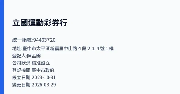 立國運動彩券行的照片-統編 94463720(臺中市) 公司登記資料與營業項目詳細圖表