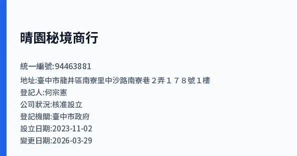 晴園秘境商行的照片-統編 94463881(臺中市) 公司登記資料與營業項目詳細圖表