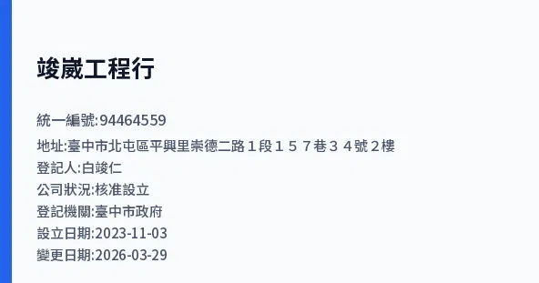 竣崴工程行的照片-統編 94464559(臺中市) 公司登記資料與營業項目詳細圖表