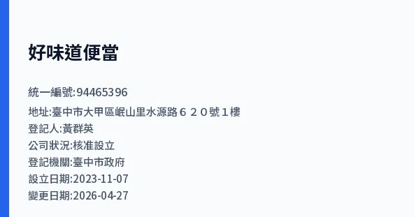 好味道便當的照片-統編 94465396(臺中市) 公司登記資料與營業項目詳細圖表
