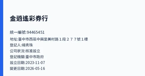 金逍遙彩券行的照片-統編 94465451(臺中市) 公司登記資料與營業項目詳細圖表