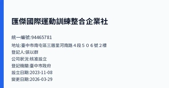 匯傑國際運動訓練整合企業社的照片-統編 94465781(臺中市) 公司登記資料與營業項目詳細圖表