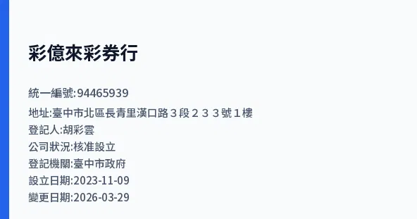 彩億來彩券行的照片-統編 94465939(臺中市) 公司登記資料與營業項目詳細圖表