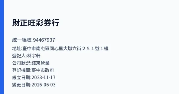 財正旺彩券行的照片-統編 94467937(臺中市) 公司登記資料與營業項目詳細圖表