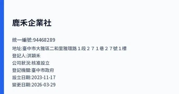 鹿禾企業社的照片-統編 94468289(臺中市) 公司登記資料與營業項目詳細圖表
