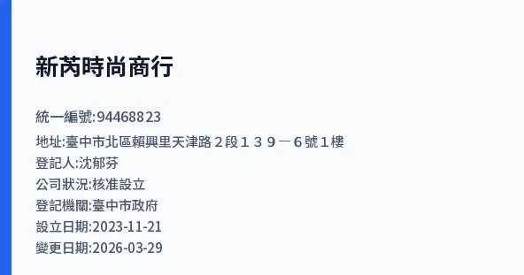 新芮時尚商行的照片-統編 94468823(臺中市) 公司登記資料與營業項目詳細圖表