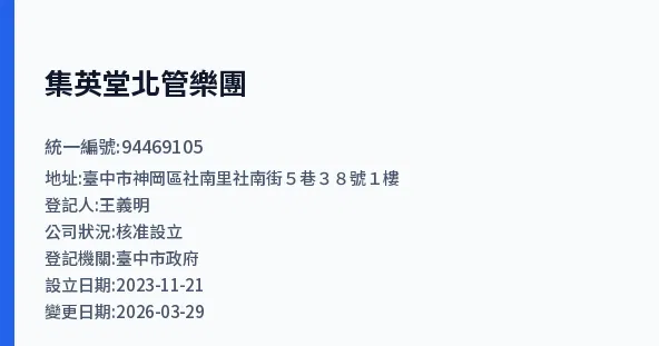集英堂北管樂團的照片-統編 94469105(臺中市) 公司登記資料與營業項目詳細圖表