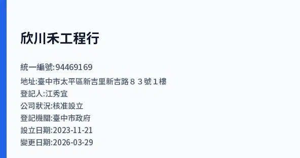 欣川禾工程行的照片-統編 94469169(臺中市) 公司登記資料與營業項目詳細圖表