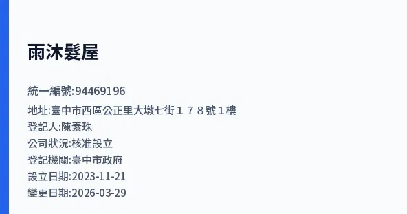 雨沐髮屋的照片-統編 94469196(臺中市) 公司登記資料與營業項目詳細圖表