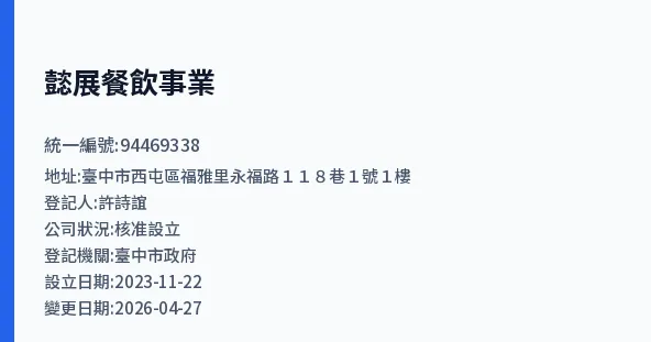 懿展餐飲事業的照片-統編 94469338(臺中市) 公司登記資料與營業項目詳細圖表