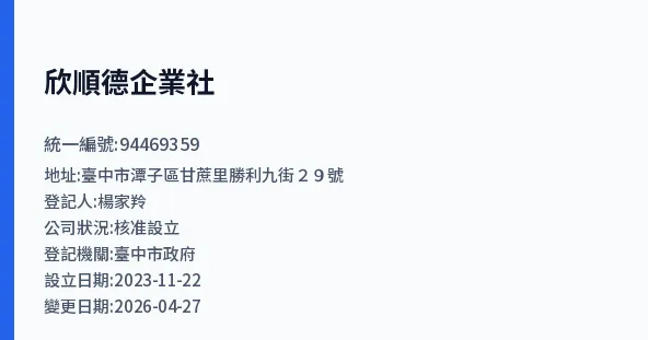 欣順德企業社的照片-統編 94469359(臺中市) 公司登記資料與營業項目詳細圖表
