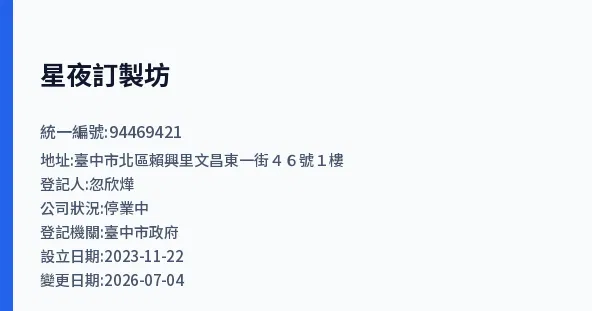 星夜訂製坊的照片-統編 94469421(臺中市) 公司登記資料與營業項目詳細圖表