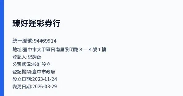 臻好運彩券行的照片-統編 94469914(臺中市) 公司登記資料與營業項目詳細圖表