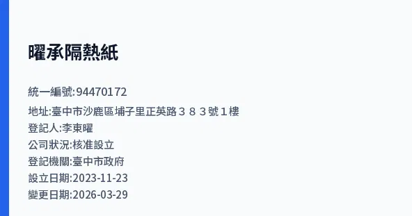 曜承隔熱紙的照片-統編 94470172(臺中市) 公司登記資料與營業項目詳細圖表