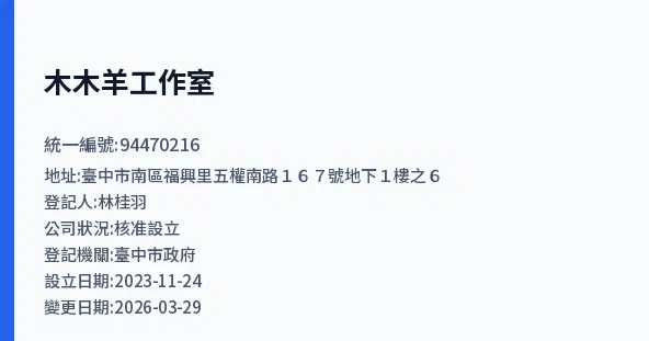木木羊工作室的照片-統編 94470216(臺中市) 公司登記資料與營業項目詳細圖表
