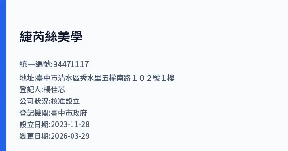 緁芮絲美學的照片-統編 94471117(臺中市) 公司登記資料與營業項目詳細圖表