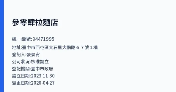 參零肆拉麵店的照片-統編 94471995(臺中市) 公司登記資料與營業項目詳細圖表