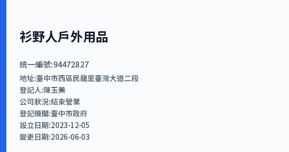 衫野人戶外用品的照片-統編 94472827(臺中市) 公司登記資料與營業項目詳細圖表