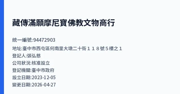 藏傳滿願摩尼寶佛教文物商行的照片-統編 94472903(臺中市) 公司登記資料與營業項目詳細圖表