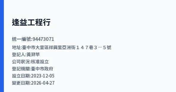 逢益工程行的照片-統編 94473071(臺中市) 公司登記資料與營業項目詳細圖表