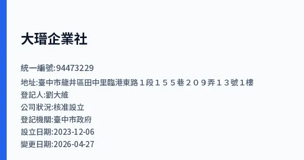 大瑨企業社的照片-統編 94473229(臺中市) 公司登記資料與營業項目詳細圖表
