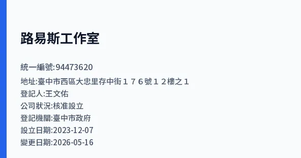 路易斯工作室的照片-統編 94473620(臺中市) 公司登記資料與營業項目詳細圖表
