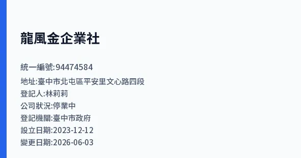 龍風金企業社的照片-統編 94474584(臺中市) 公司登記資料與營業項目詳細圖表