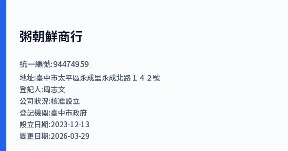 粥朝鮮商行的照片-統編 94474959(臺中市) 公司登記資料與營業項目詳細圖表