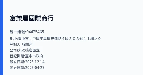 富樂屋國際商行的照片-統編 94475465(臺中市) 公司登記資料與營業項目詳細圖表