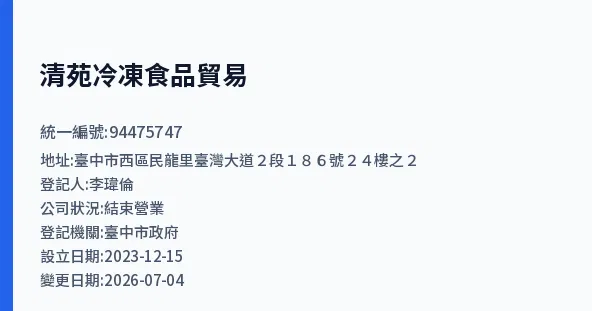 清苑冷凍食品貿易的照片-統編 94475747(臺中市) 公司登記資料與營業項目詳細圖表