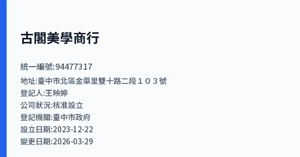 古閣美學商行的照片-統編 94477317(臺中市) 公司登記資料與營業項目詳細圖表