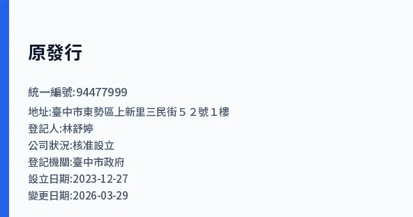 原發行的照片-統編 94477999(臺中市) 公司登記資料與營業項目詳細圖表