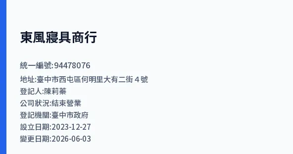 東風寢具商行的照片-統編 94478076(臺中市) 公司登記資料與營業項目詳細圖表