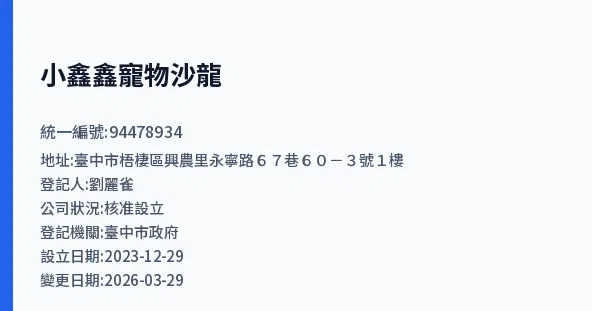 小鑫鑫寵物沙龍的照片-統編 94478934(臺中市) 公司登記資料與營業項目詳細圖表
