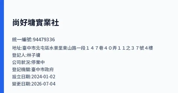 尚好墉實業社的照片-統編 94479336(臺中市) 公司登記資料與營業項目詳細圖表