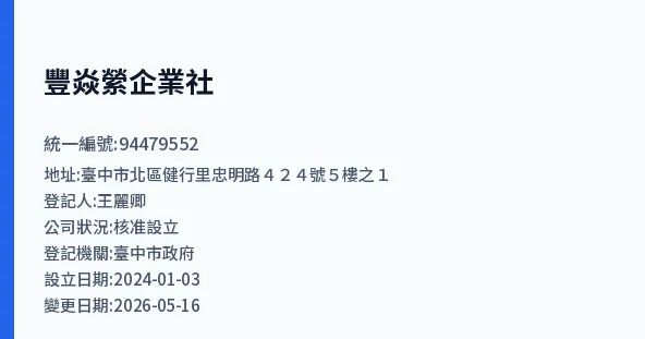 豐焱縈企業社的照片-統編 94479552(臺中市) 公司登記資料與營業項目詳細圖表