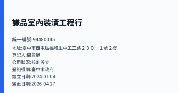 謙品室內裝潢工程行的照片-統編 94480045(臺中市) 公司登記資料與營業項目詳細圖表