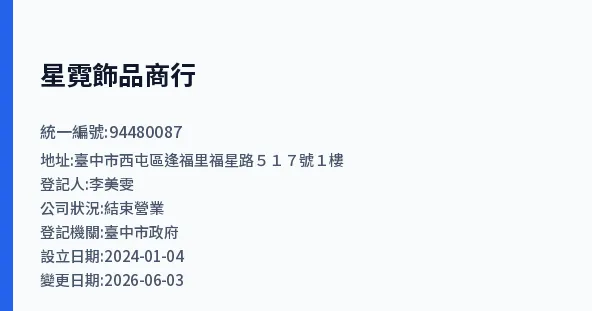 星霓飾品商行的照片-統編 94480087(臺中市) 公司登記資料與營業項目詳細圖表