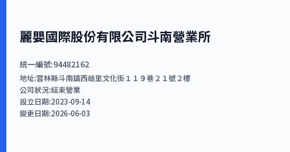 麗嬰國際股份有限公司斗南營業所的照片-統編 94482162(雲林縣) 公司登記資料與營業項目詳細圖表