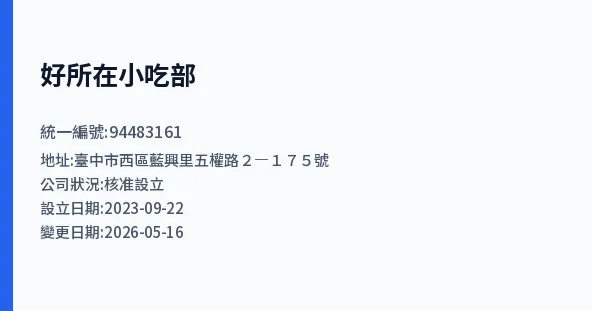 好所在小吃部的照片-統編 94483161(臺中市) 公司登記資料與營業項目詳細圖表
