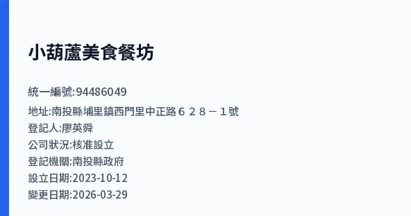 小葫蘆美食餐坊的照片-統編 94486049(南投縣) 公司登記資料與營業項目詳細圖表